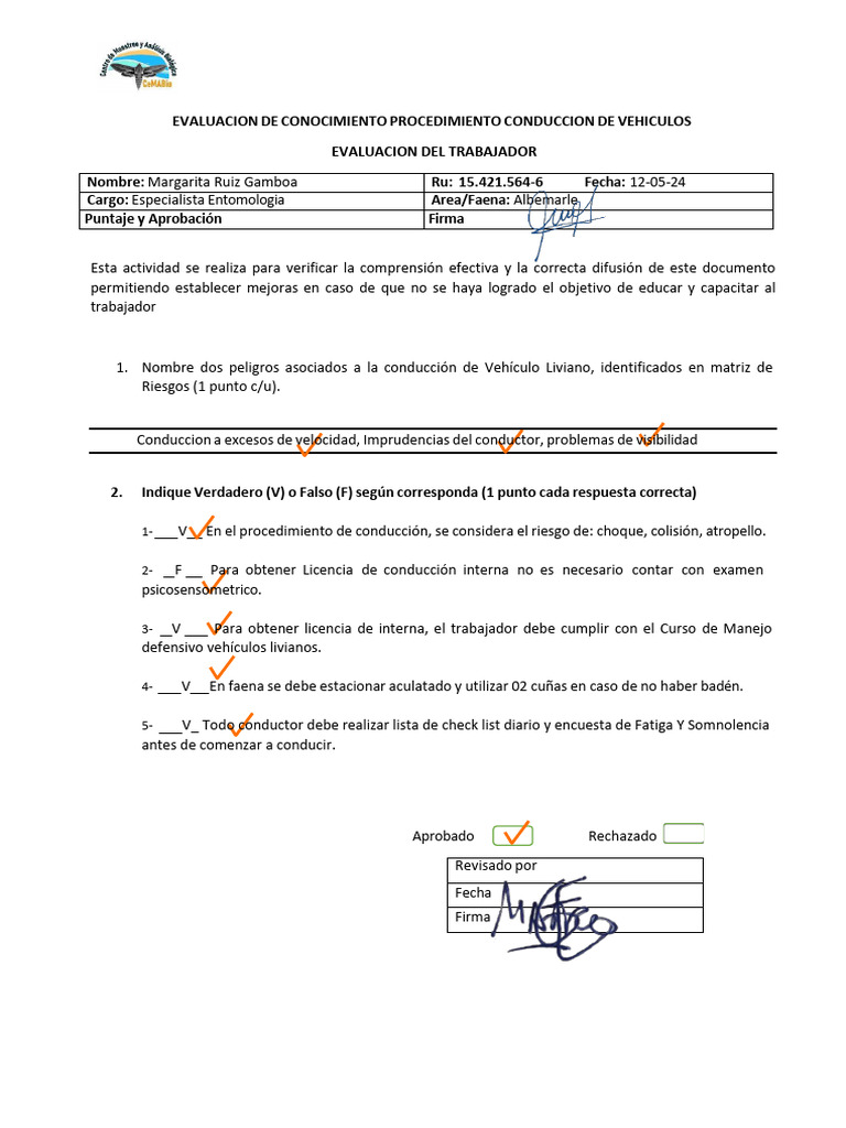 Evaluacion de Conocimiento Conduccion de Vehiculos- MRG | PDF