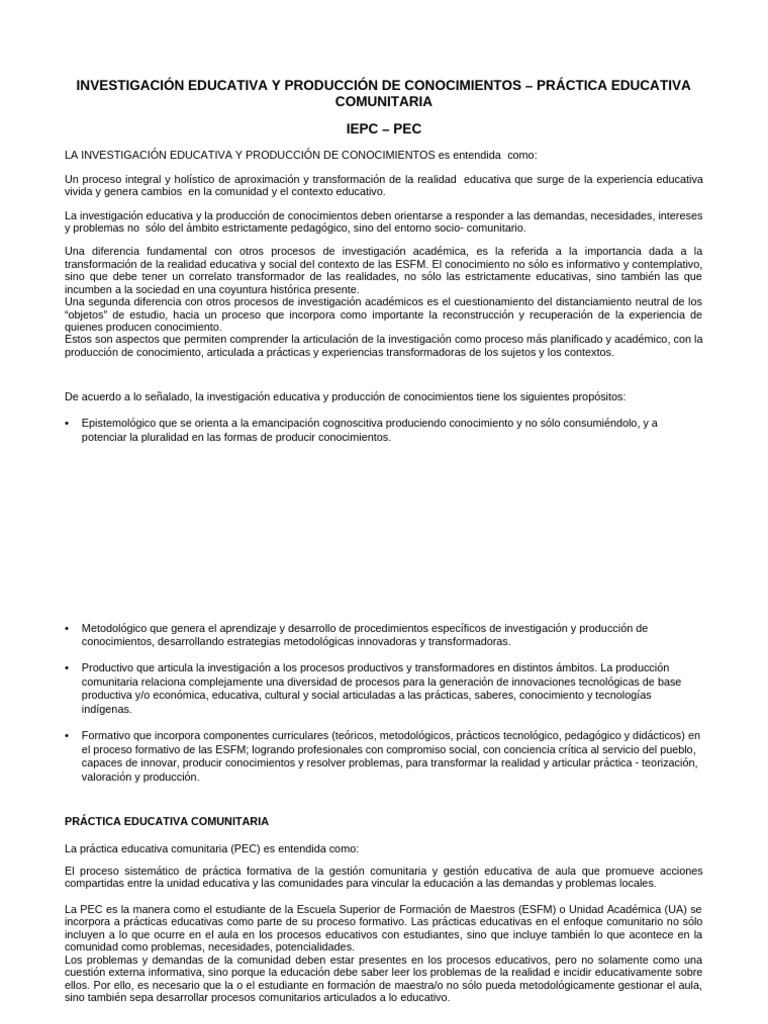 Investigación Educativa Y Producción de Conocimientos - Práctica Educativa Comunitaria Iepc ...