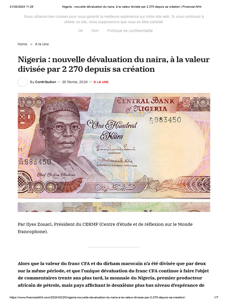 Nigeria - Nouvelle Dévaluation Du Naira, À La Valeur Divisée Par 2 270 Depuis Sa Création ...