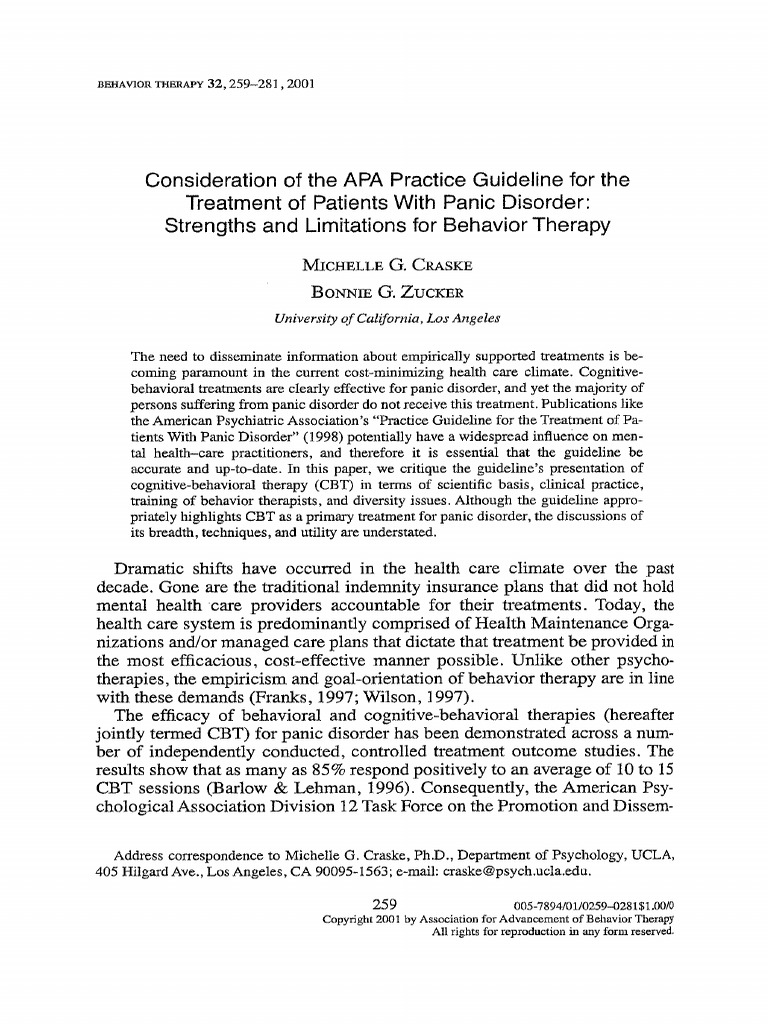 Consideration of The APA Practice Guideline For The Treatment of Patients With Panic Disorder | PDF