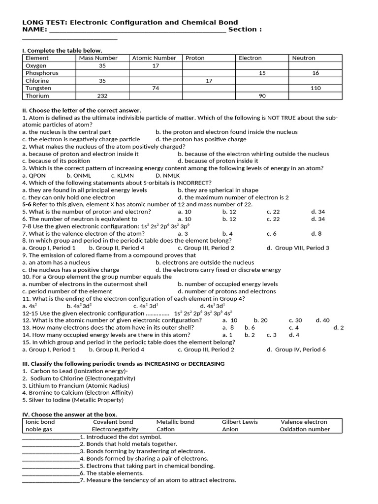 LONG-TEST-Electronic-Configuration-chemical-bond | PDF