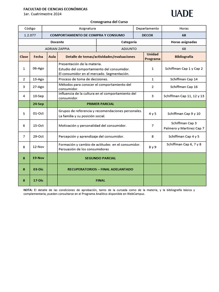 UADE - CDC - Cronograma Virtual v2024 08 02 | PDF
