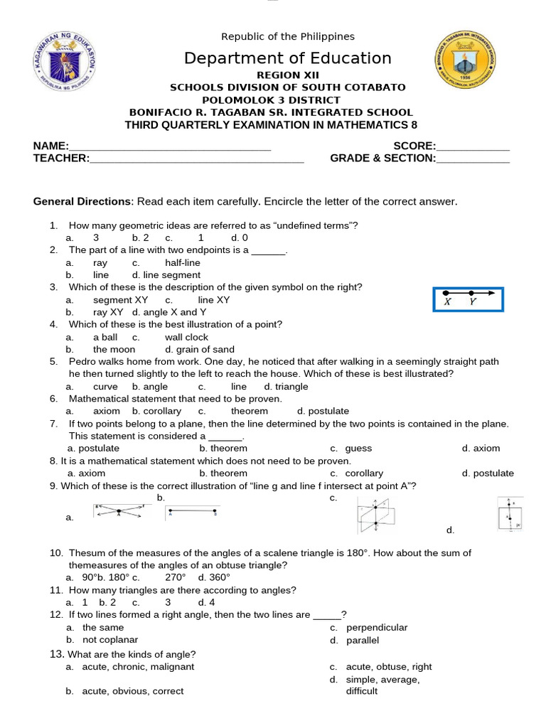 math 8 3rd exam | PDF