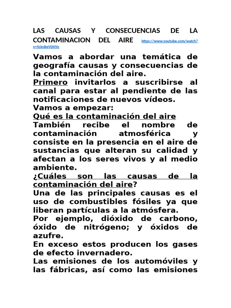 Las Causas y Consecuencias de La Contaminacion Del Aire | PDF