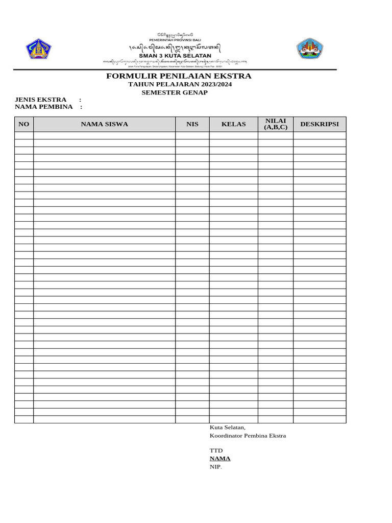 Format Nilai Ekstra SMTR Genap Tp. 2023-2024 | PDF