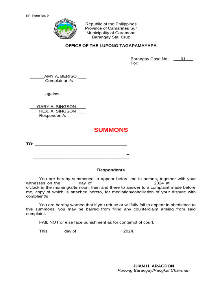 KP FORM NO. 9 lupon summons | PDF