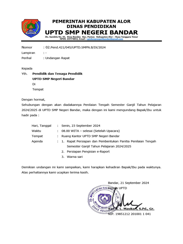 Undangan Rapat PTS Ganjil Tp. 2024-2025 | PDF