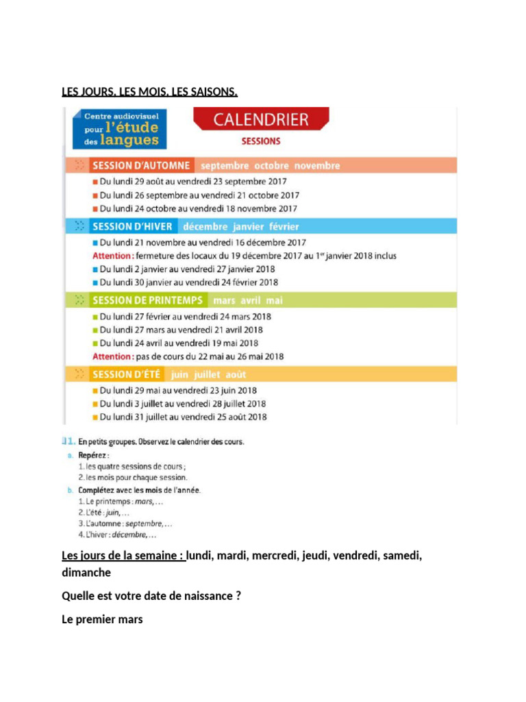 Les Jours Les Mois Et Les Saisons | PDF