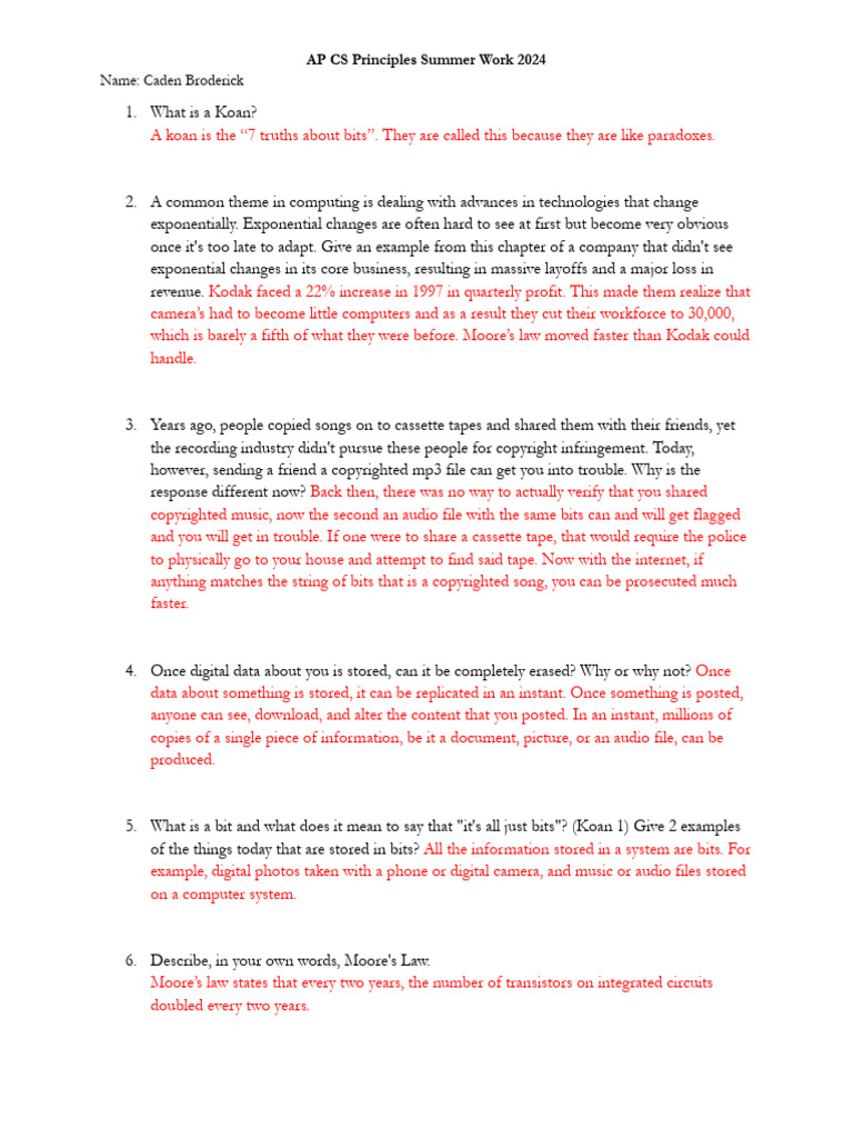 AP CSP Summer Work - Blown To Bits - Chapter Reflection and Review | PDF