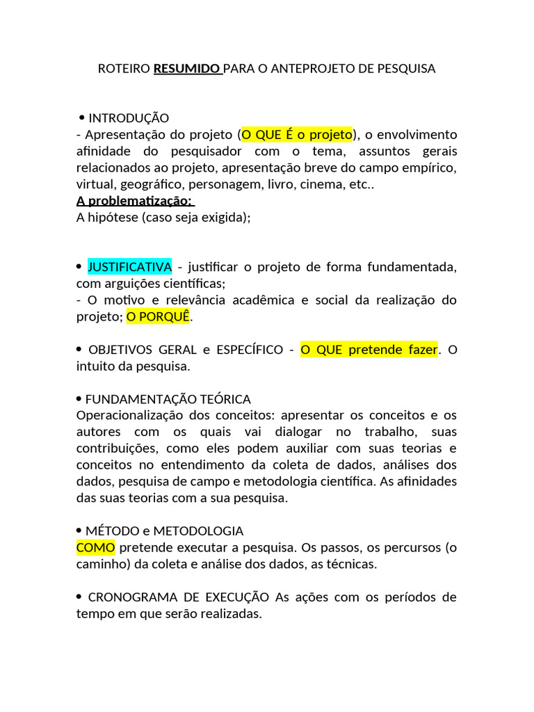 RESUMO Roteiro para o Projetode Pesquisa | PDF