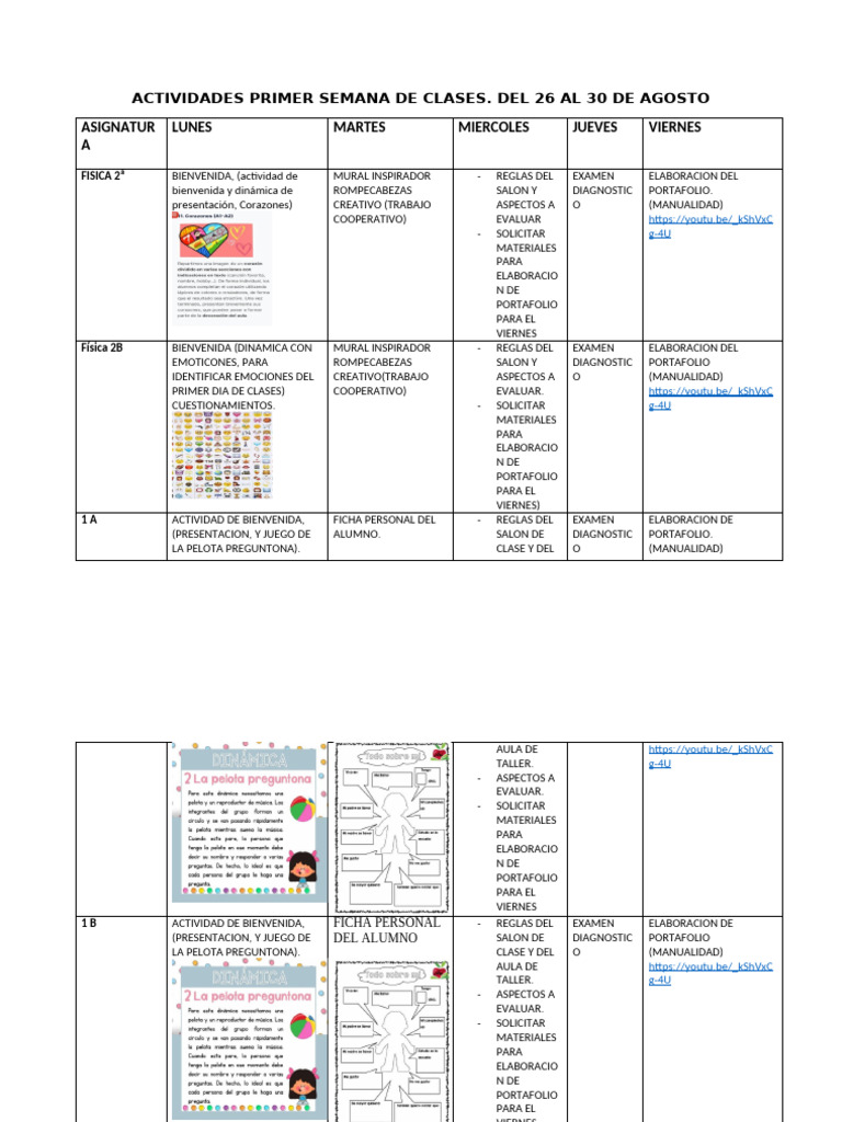 Actividades Primer Semana de Clases Agosto 2024 | PDF