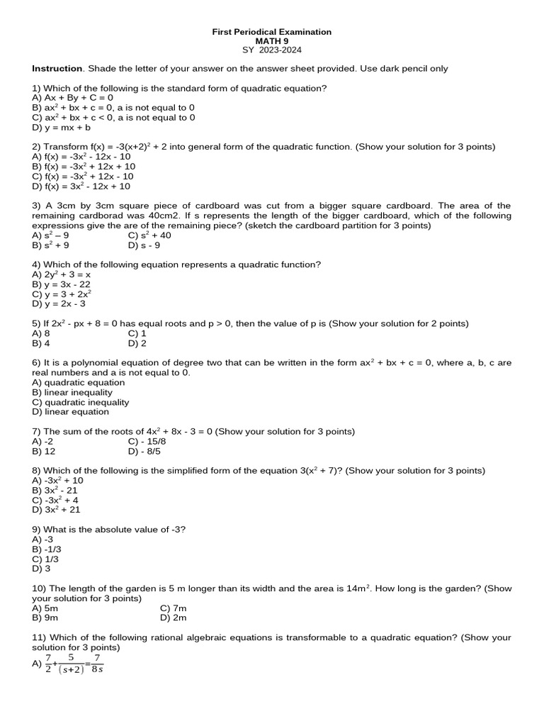 Grade 9 - Mathematics | PDF