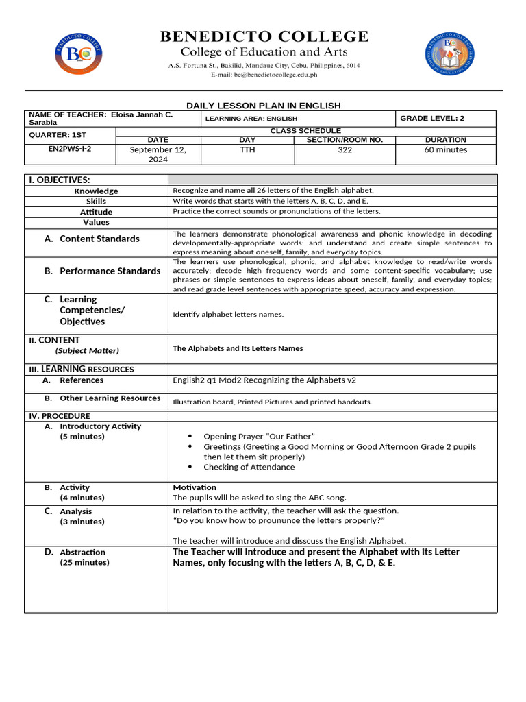 Grade 2 Alphabet Lesson Plan | PDF | English Language | Word