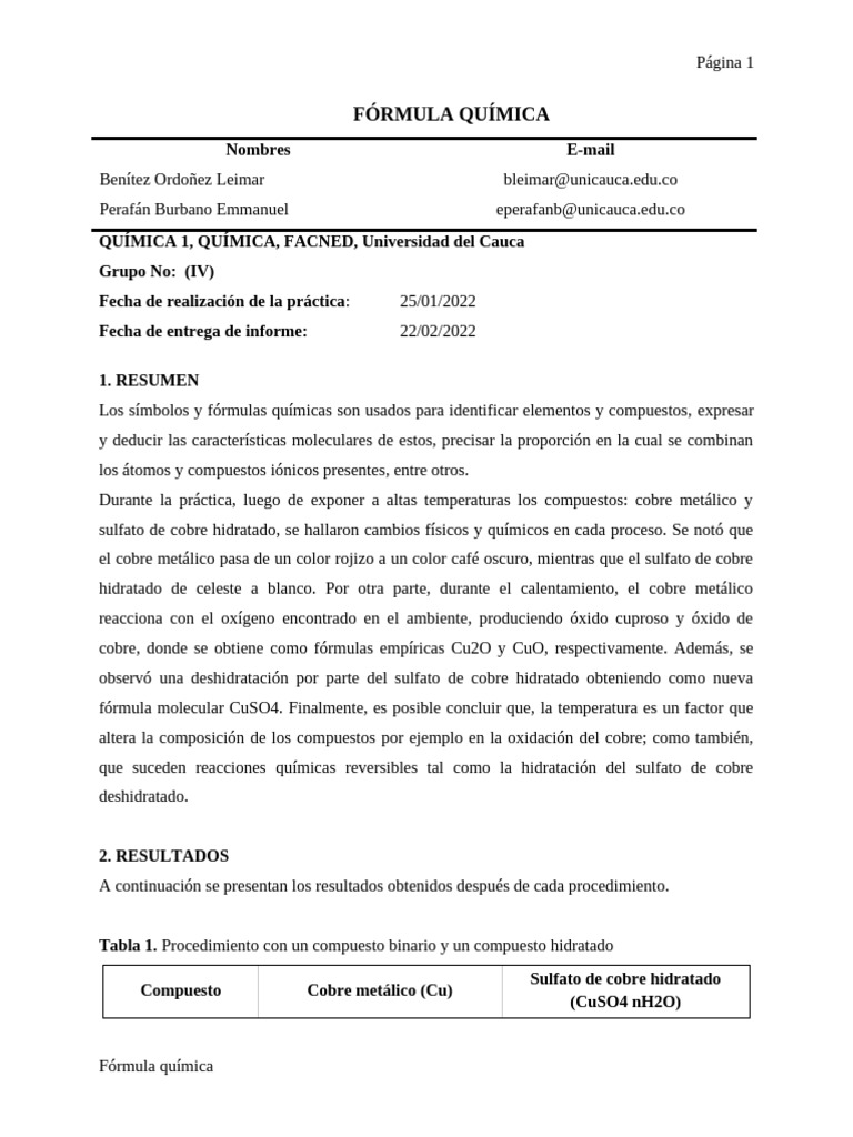 Laboratorio Quimica I - Formula Quimica | PDF