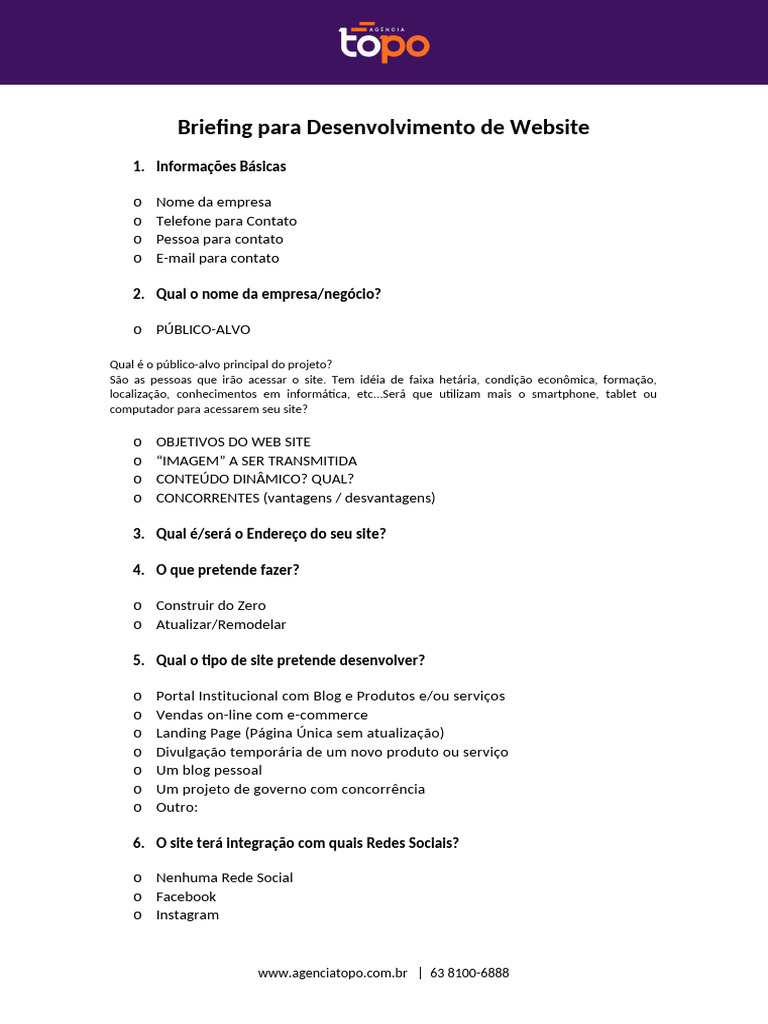 Briefing para Desenvolvimento de Website Complexo - Agência Topo | PDF