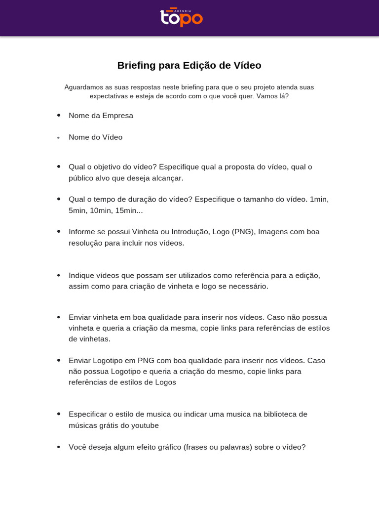 Briefing para Edição de Vídeo - Agência Topo | PDF