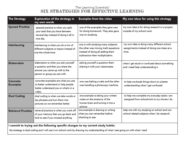Six Learning Strategies Note Sheet | PDF