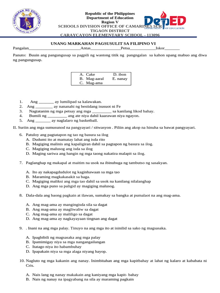 PT - Filipino 6 - Q1 | PDF
