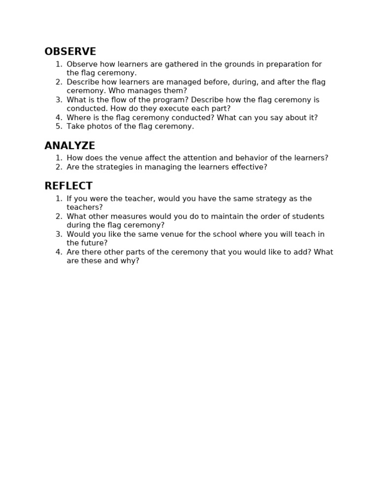 Flag Ceremony Observation Analysis Reflection Guide | PDF