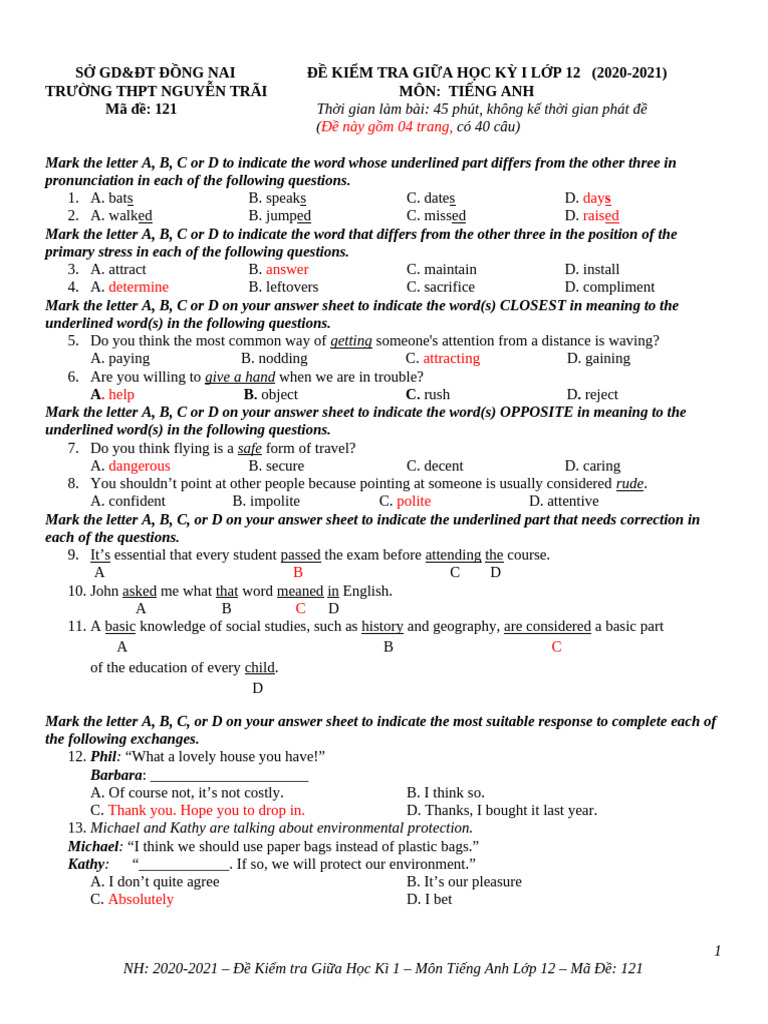 de giua ki 1 anh 12- 2020 | PDF