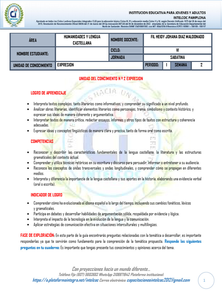 Guia de Aprendizaje Unidad 2 Semana 2 Modulo Humanidades Ciclo Vi ...