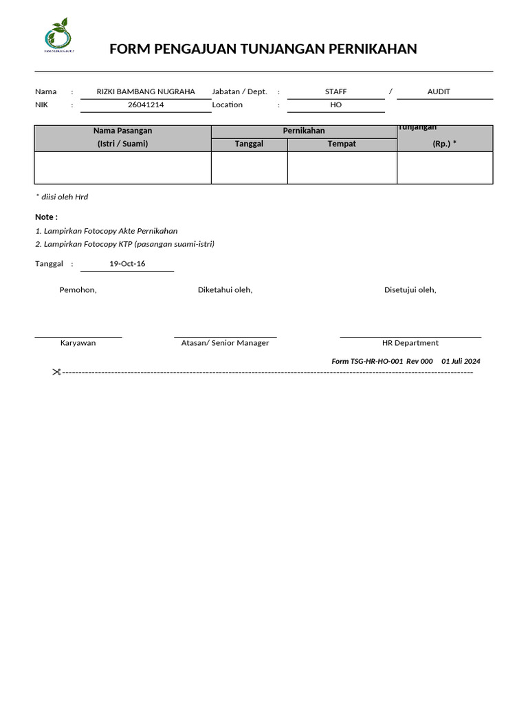 Form TSG-HR-HO-001 Rev 000 Form Tunjangan Pernikahan Edt | PDF