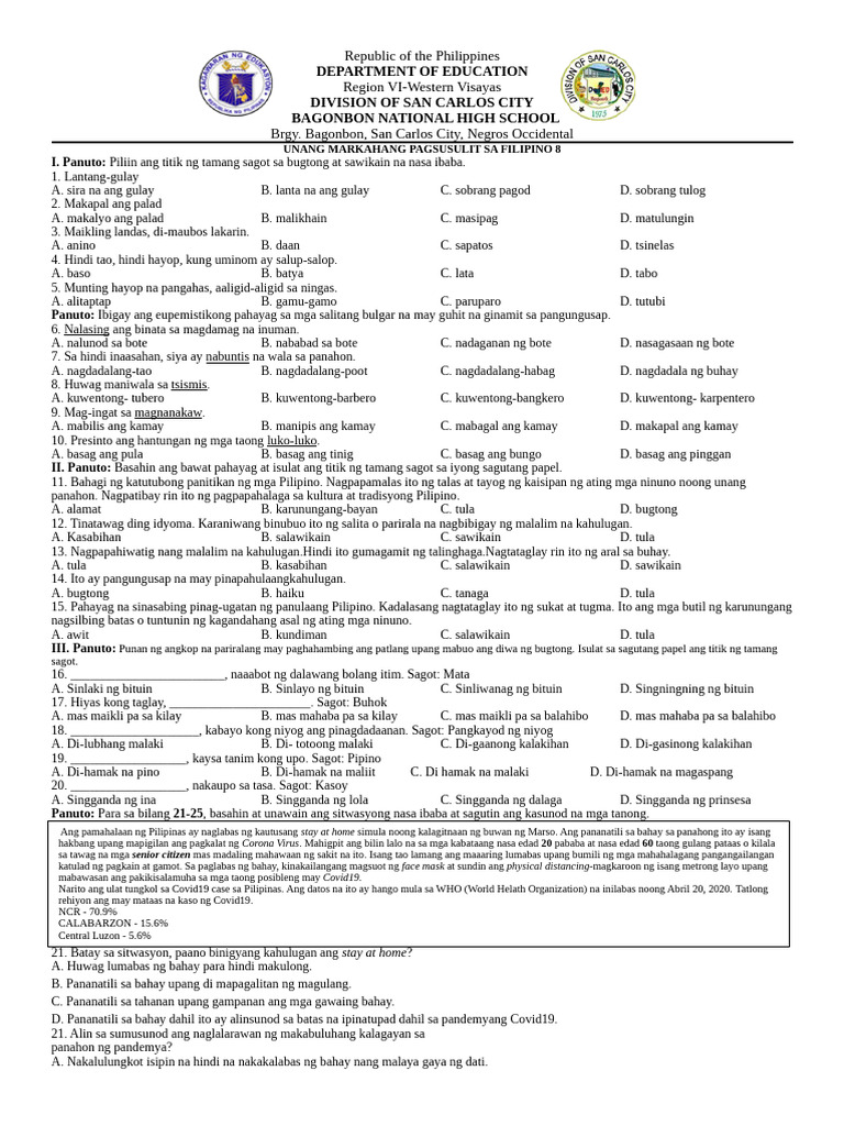 First Periodical Test - Filipino | PDF