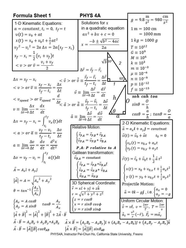 Formula Sheets PHYS4 ANewtonian Mechanics | PDF