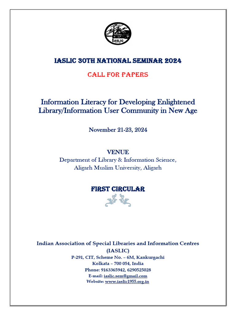 Call For Paper 1st Circular-IASLIC 30th National Seminar 2024 | PDF