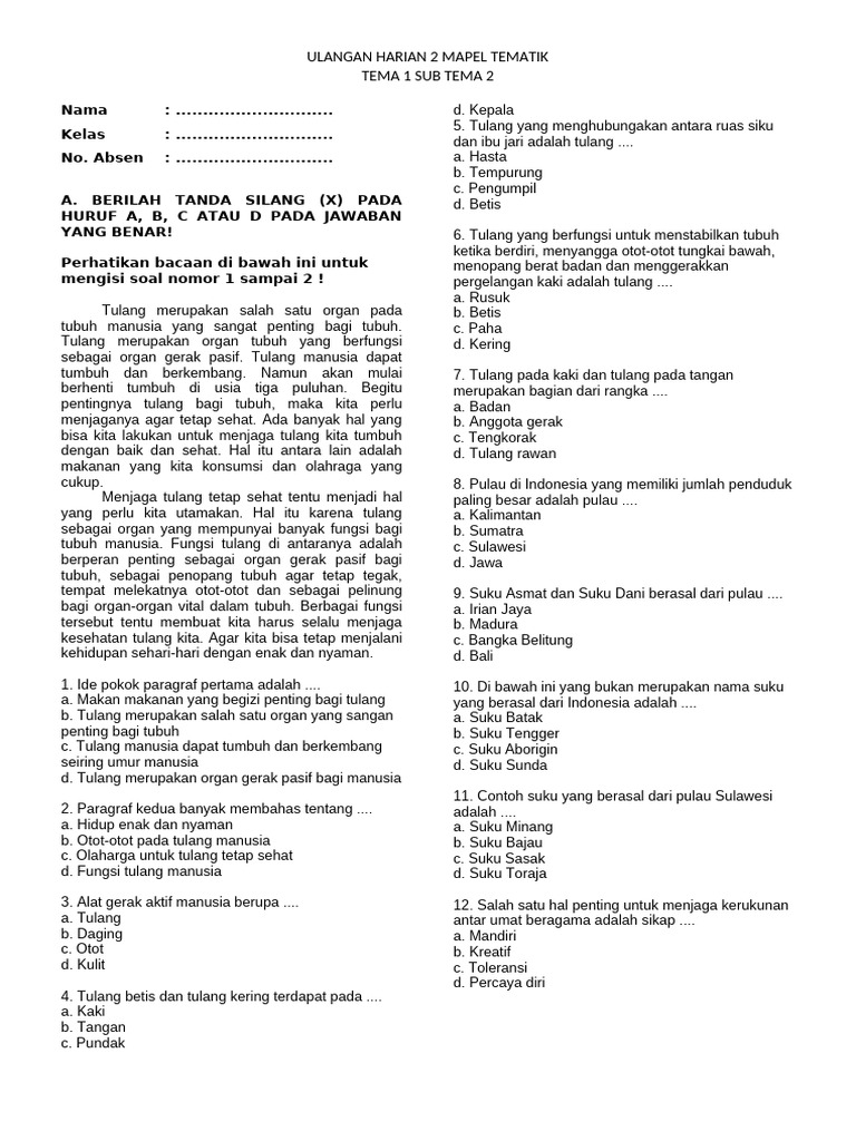 Soal tema 1 sub tema 2 FIX (Autosaved) | PDF