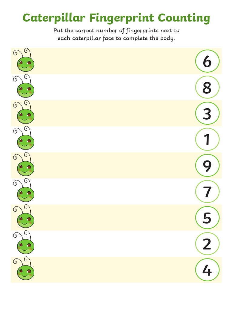 Caterpillar Fingerprint Counting Worksheet - Ver - 1 | PDF