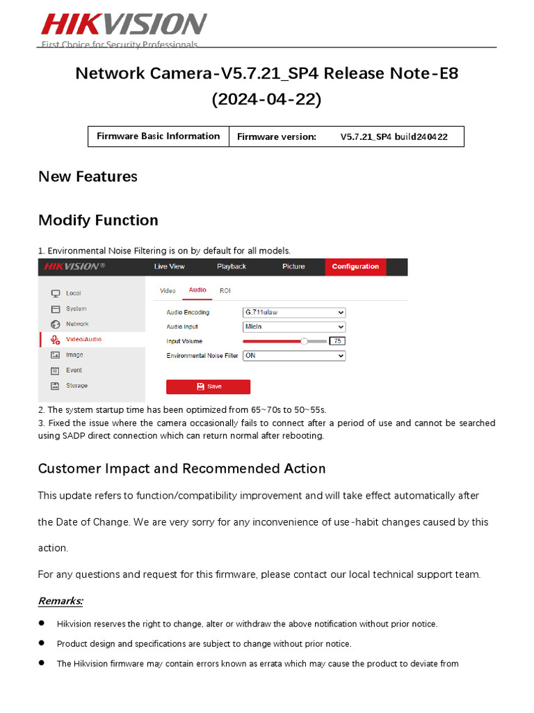 Releasenote Network Camera-V5.7.21 SP4 Release Note-E8 | PDF | System Software | Software
