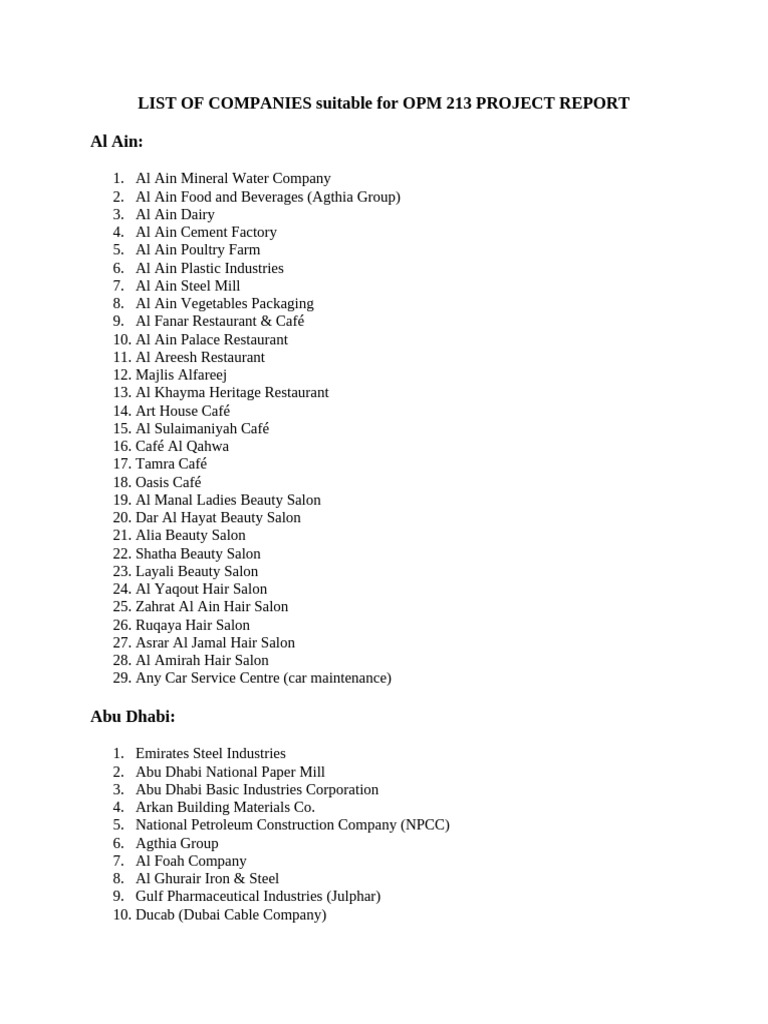 List of Companies Suitable For Opm 213 Project Report | PDF