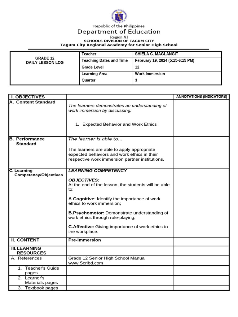 COT3- February 19, 2024-Work Immersion_Q3_2023-2024 | PDF