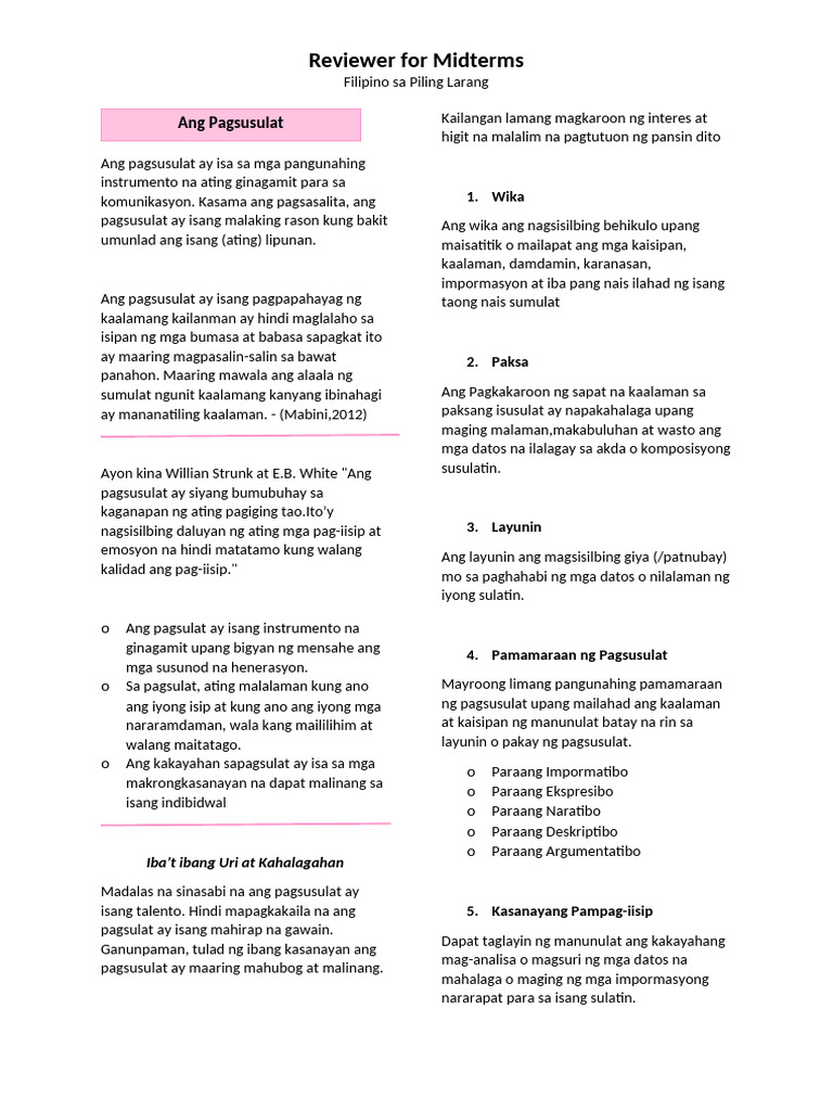 Filipino Reviewer Midterms | PDF