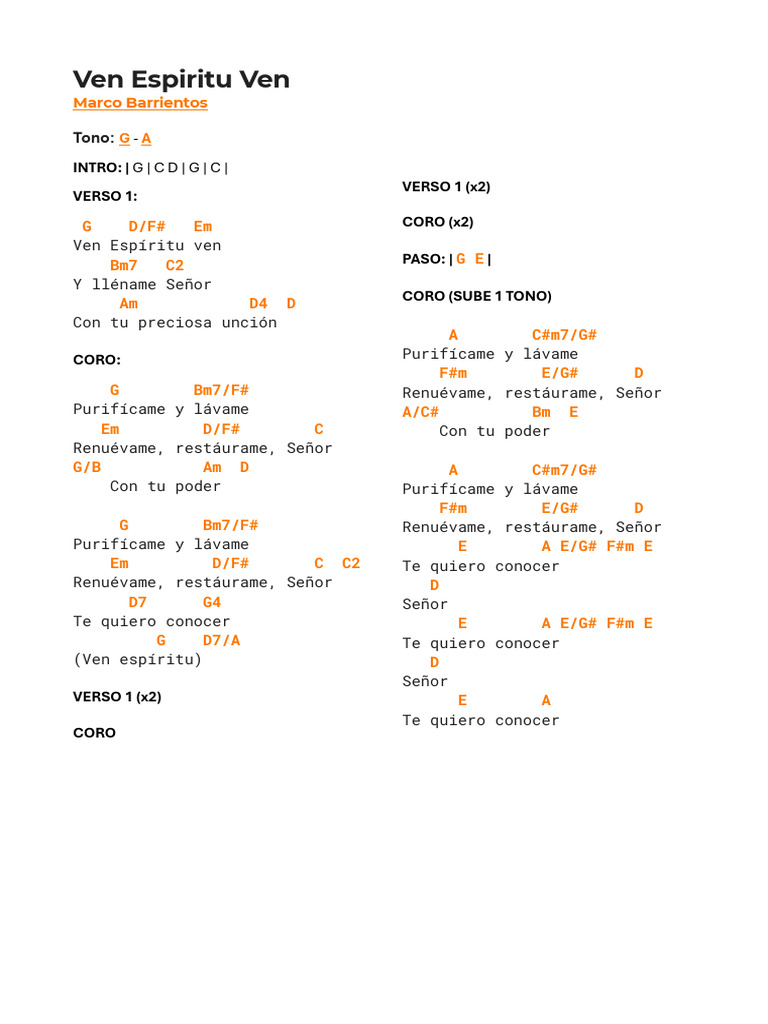 Ven Espiritu Ven (G - A) - Marco Barrientos - Legado de Adoración | PDF