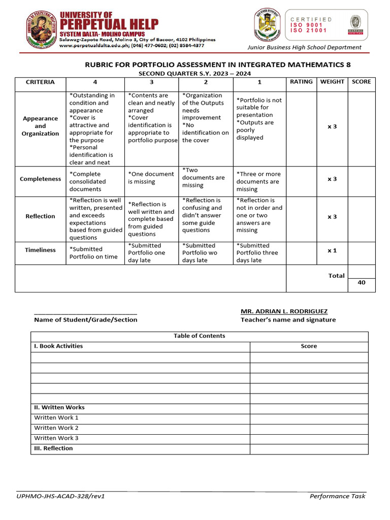 Grade 8 Portfolio Performance Task | PDF