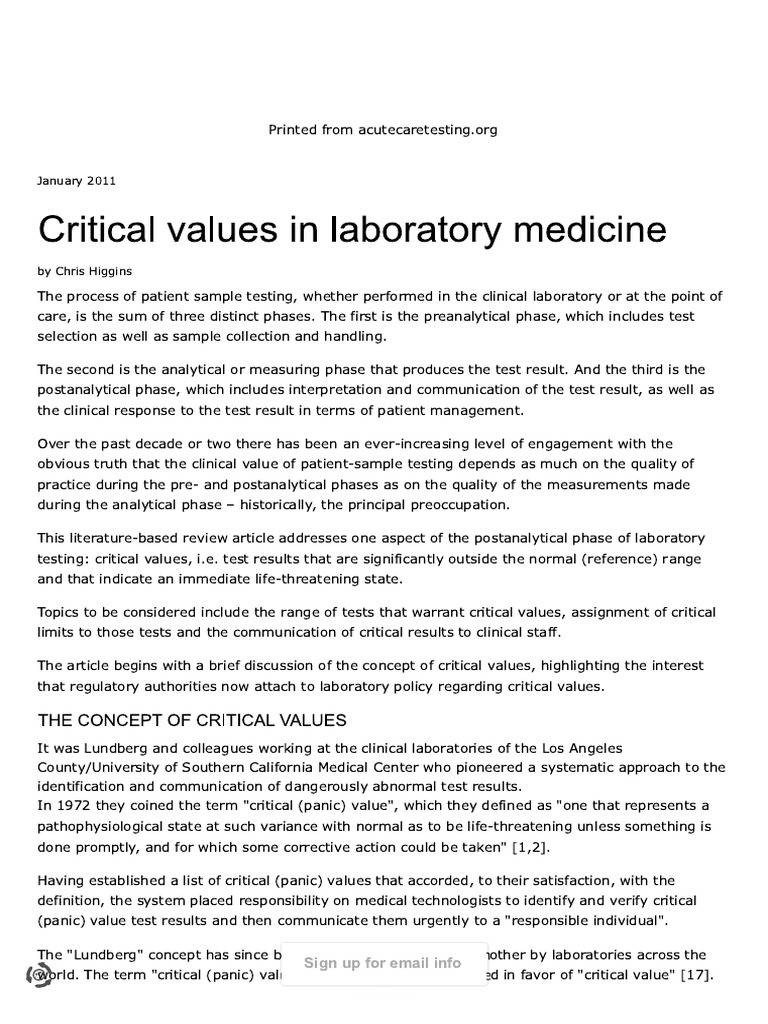 Critical Values in Laboratory Medicine | PDF