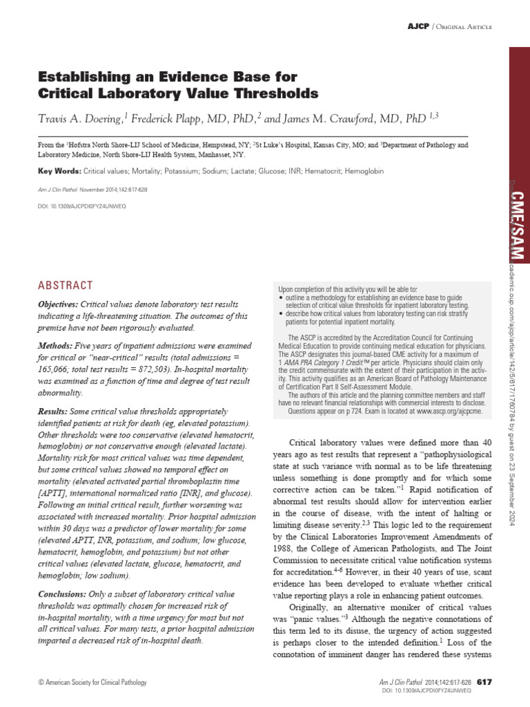 Establishing an Evidence Base for Critical Lab Value Thresholds | PDF