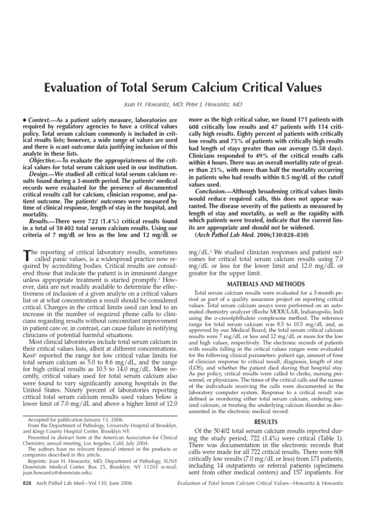 Evaluation of Total Serum Calcium Critical Values | PDF | Health Care ...
