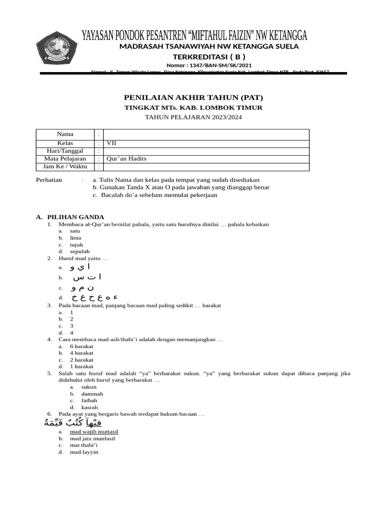 SOAL SEMESTER GENAP QH TP 2023-2024 Kelas VII - Acc - Kirim | PDF
