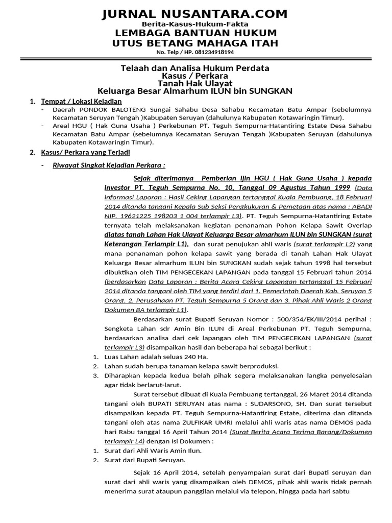 Analisa Hukum PT Teguh Sempurna Hatantiring Estate Cek | PDF