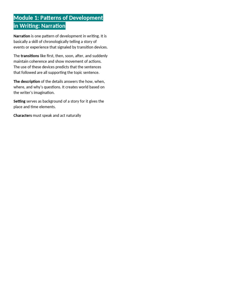 Module 1: Patterns of Development in Writing: Narration | PDF