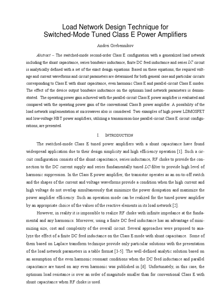 Load Network Design Technique For Switched-Mode Tuned Class E Power Amplifiers | Download Free ...