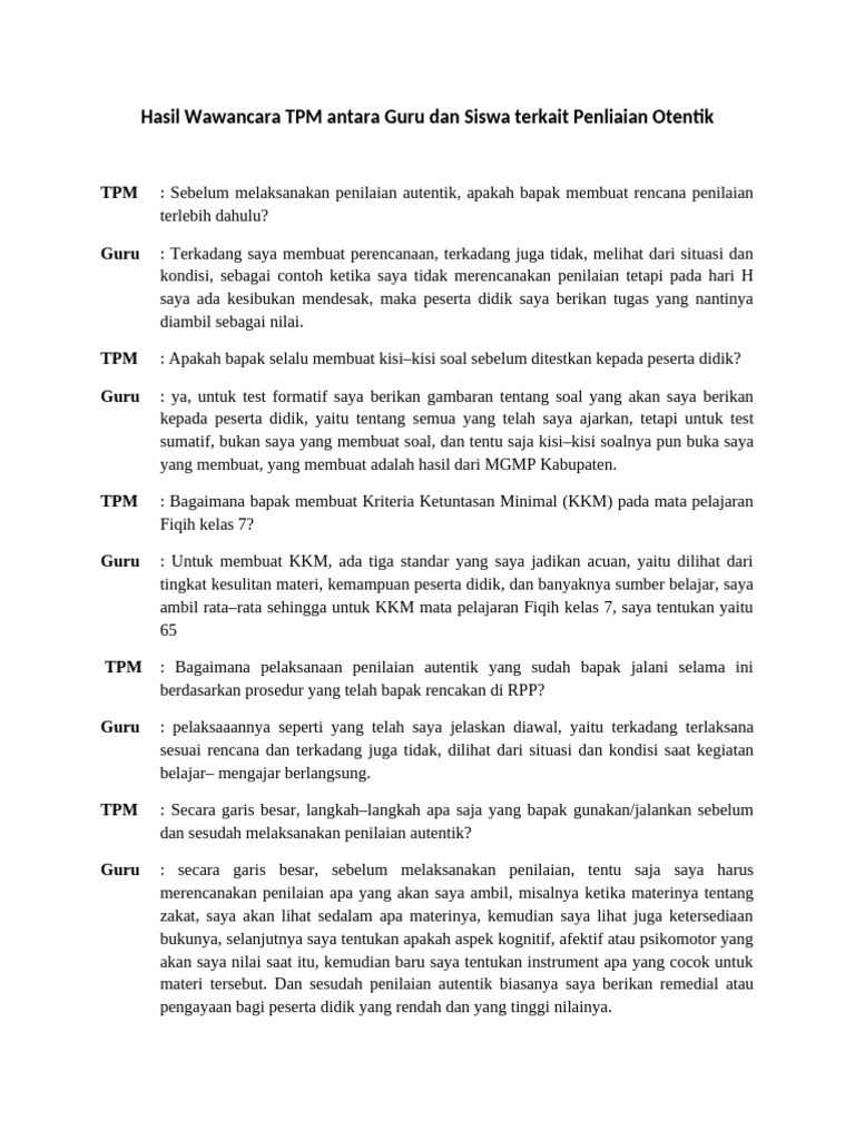Hasil Wawancara TPM Antara Guru Dan Siswa Terkait Penliaian Otentik | PDF