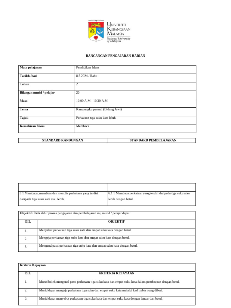 RPH JAWI TAHUN 2 | PDF