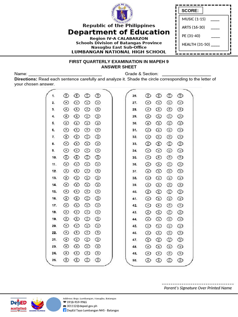 SAMPLE-ANSWER-SHEET PT Q1 | PDF