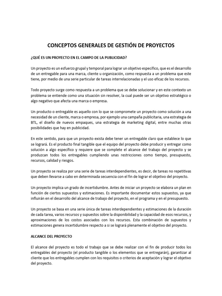 CONCEPTOS GENERALES DE GESTIÓN DE PROYECTOS | PDF CONCEPTOS GENERALES DE GESTIÓN DE PROYECTOS | PDF