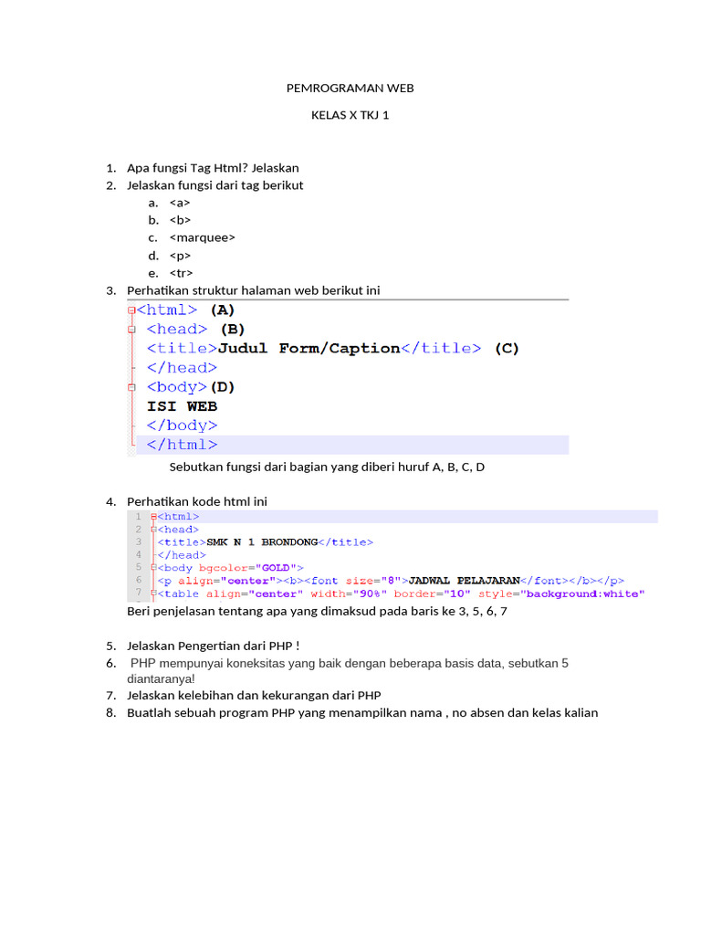 Soal Pemrograman Web X TKJ 1 | PDF