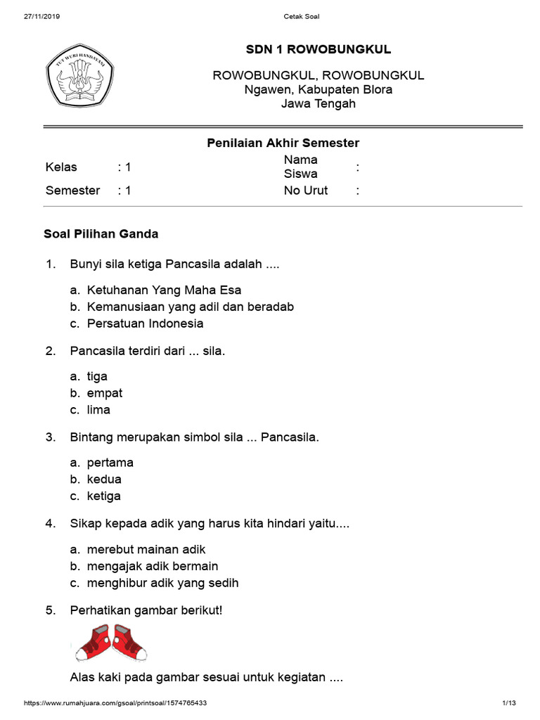 Soal PAS Kelas 1 | PDF
